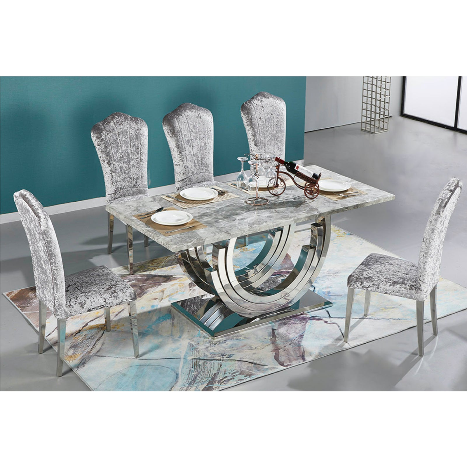 Selena Stainless Steel Base Marble Top Dining Table Silver Grey