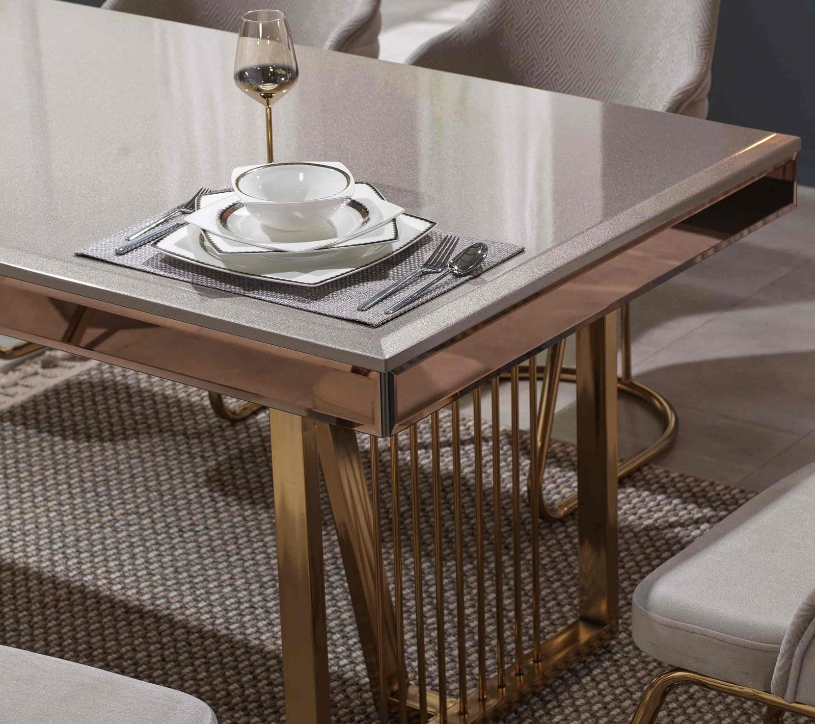 Lucas Stainless Steel Modern Dining Set (1 Table + 6 Chairs) Gold Beige